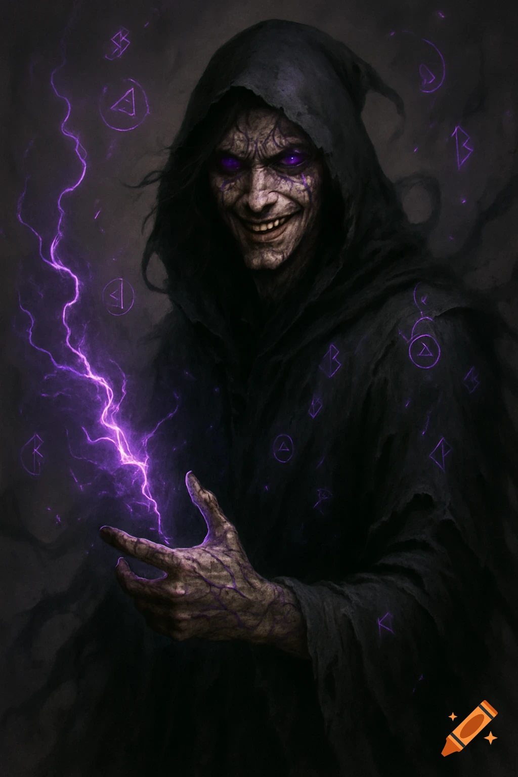 A dark sorcerer in a black cloak summons purple lightning, with glowing runes and a creepy smile ...