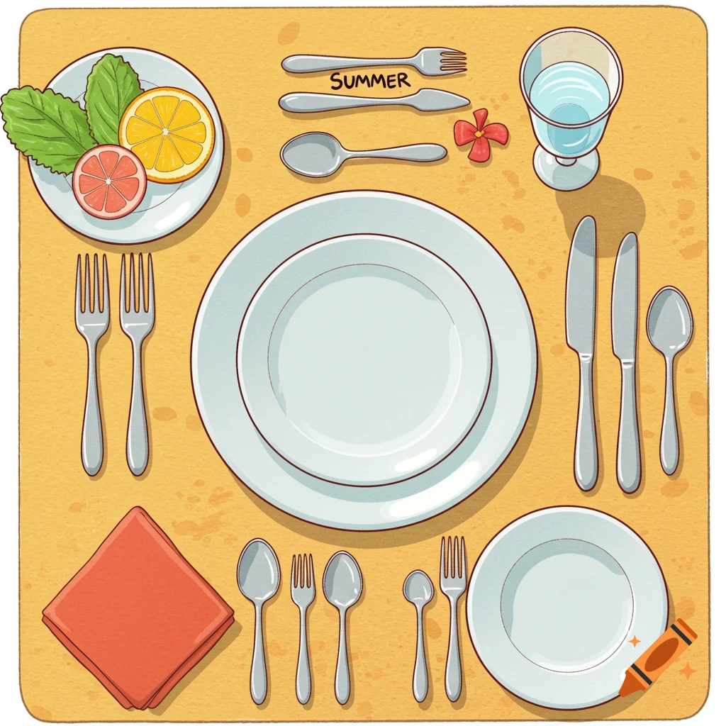 Cartoon style illustration of a table setting with plates, cutlery ...