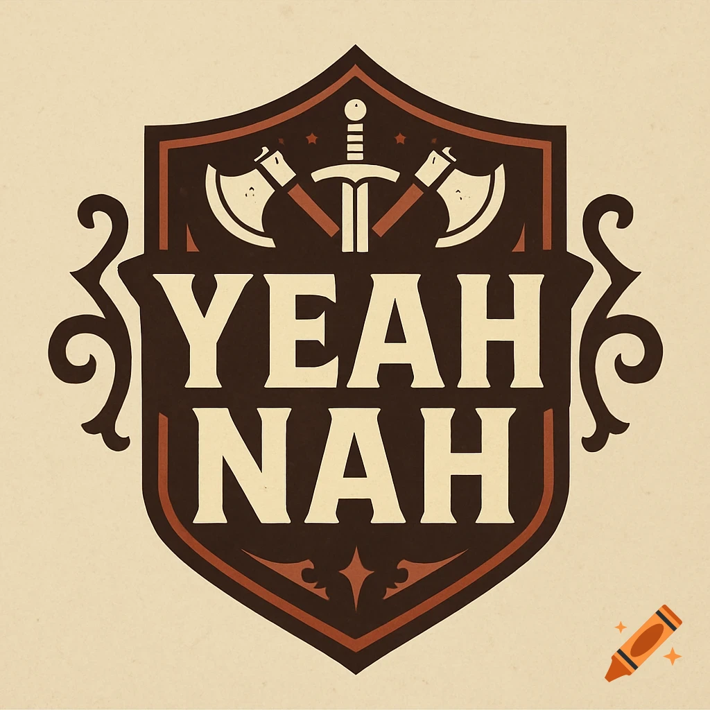Shield logo with YEAH NAH text, axes, and a sword in a stylized design ...