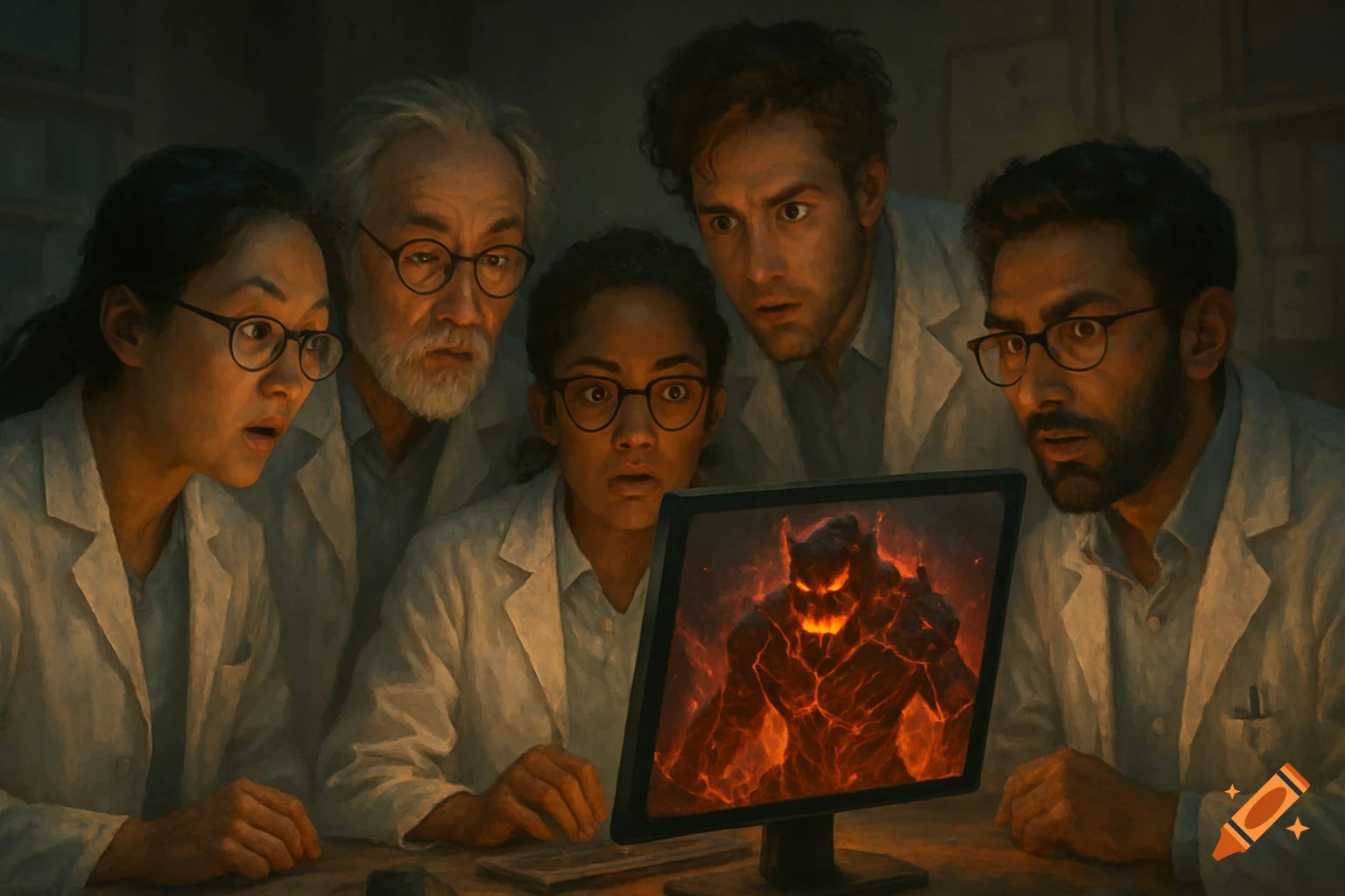 Five scientists in lab coats gather around a computer screen displaying ...