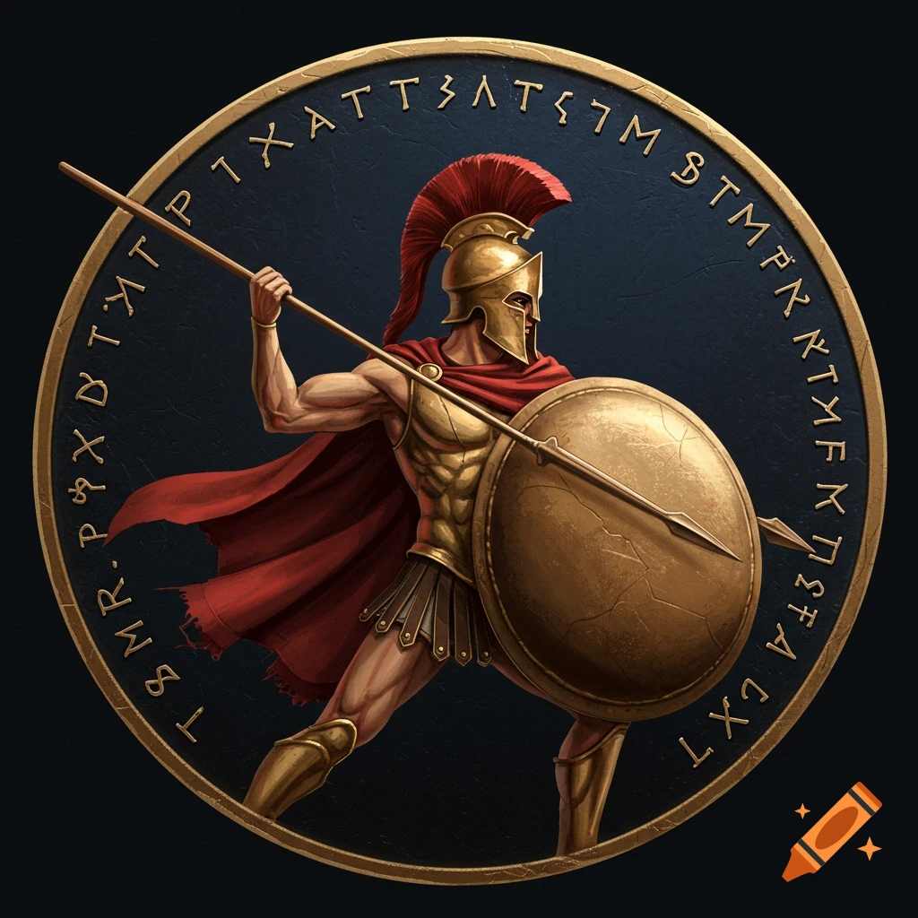 Stylized depiction of a Spartan warrior on a circular coin-like design ...