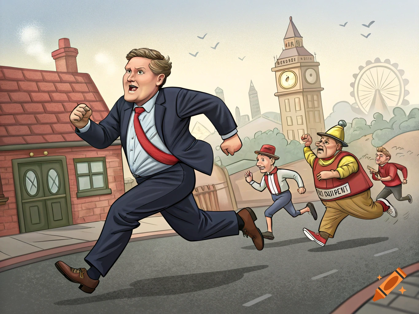 Cartoon of Keir Starmer running in a chase scene on a London street ...