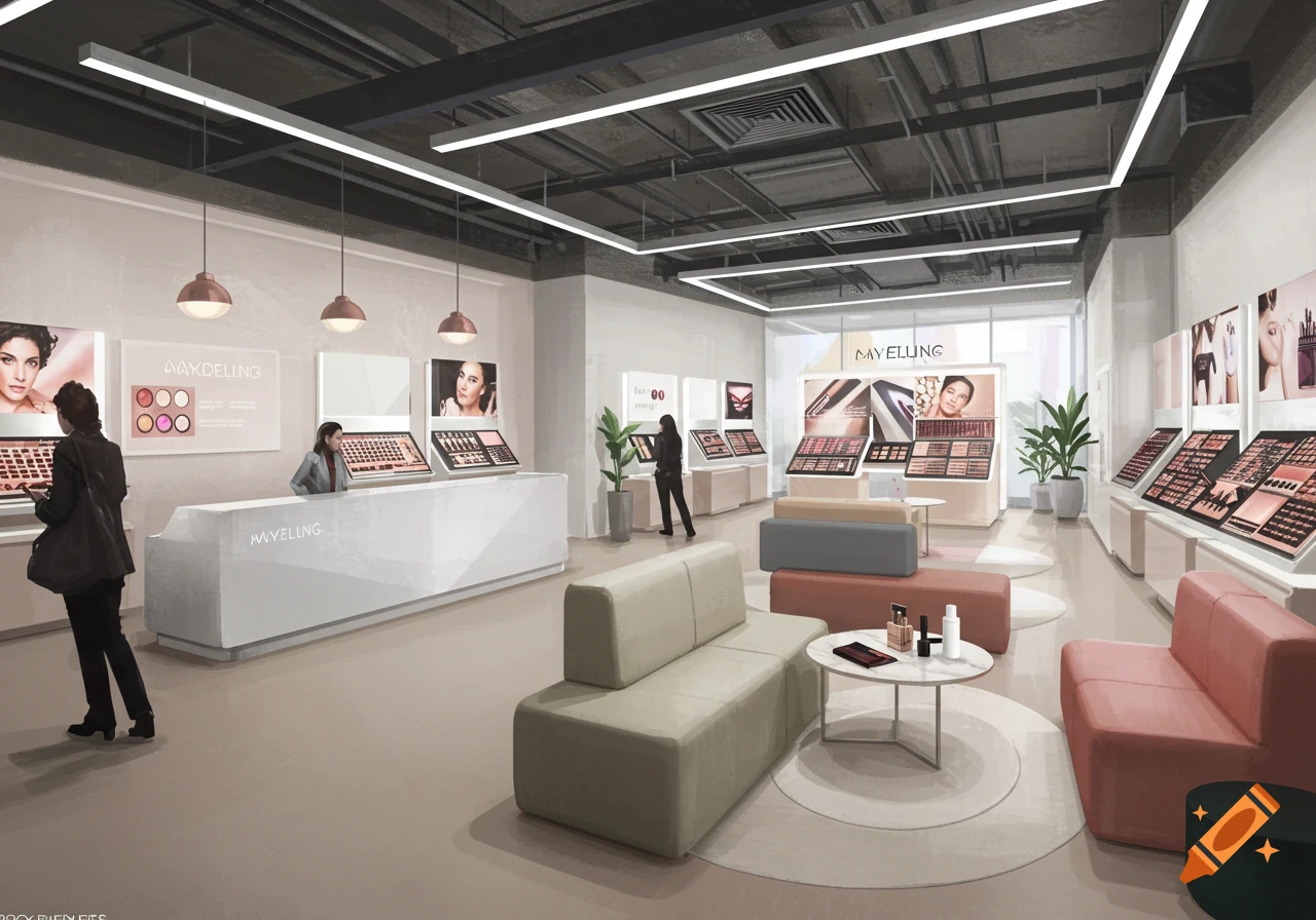 Illustrated interior of a makeup store with displays, counters, seating ...