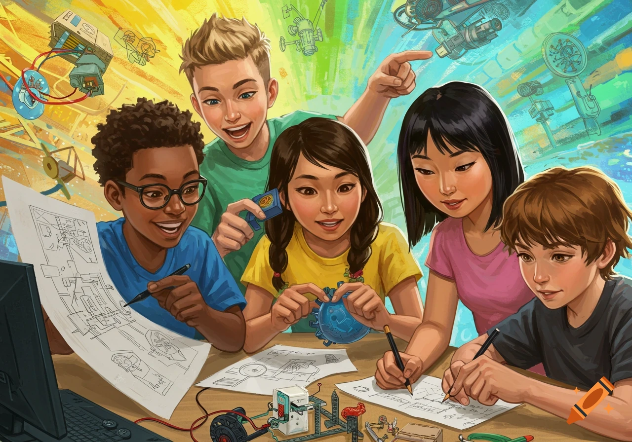 Illustration of diverse kids collaborating on an invention project with ...