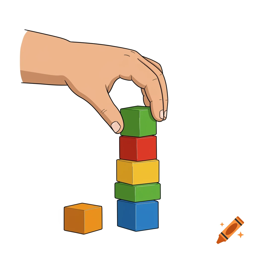 Cartoon illustration of a hand stacking colorful building blocks. on ...