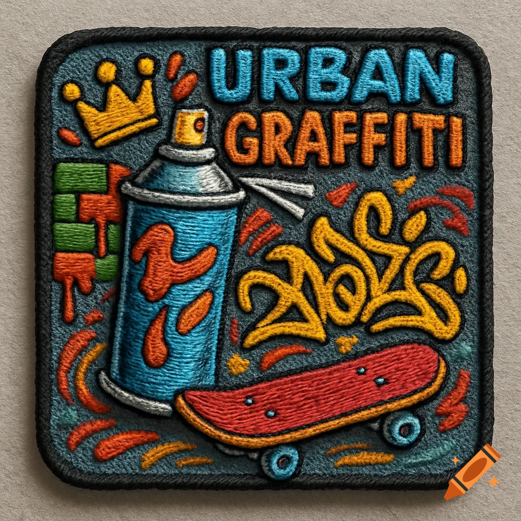 Embroidered patch with 'Urban Graffiti' text, spray can, crown, tag, and skateboard. on Craiyon