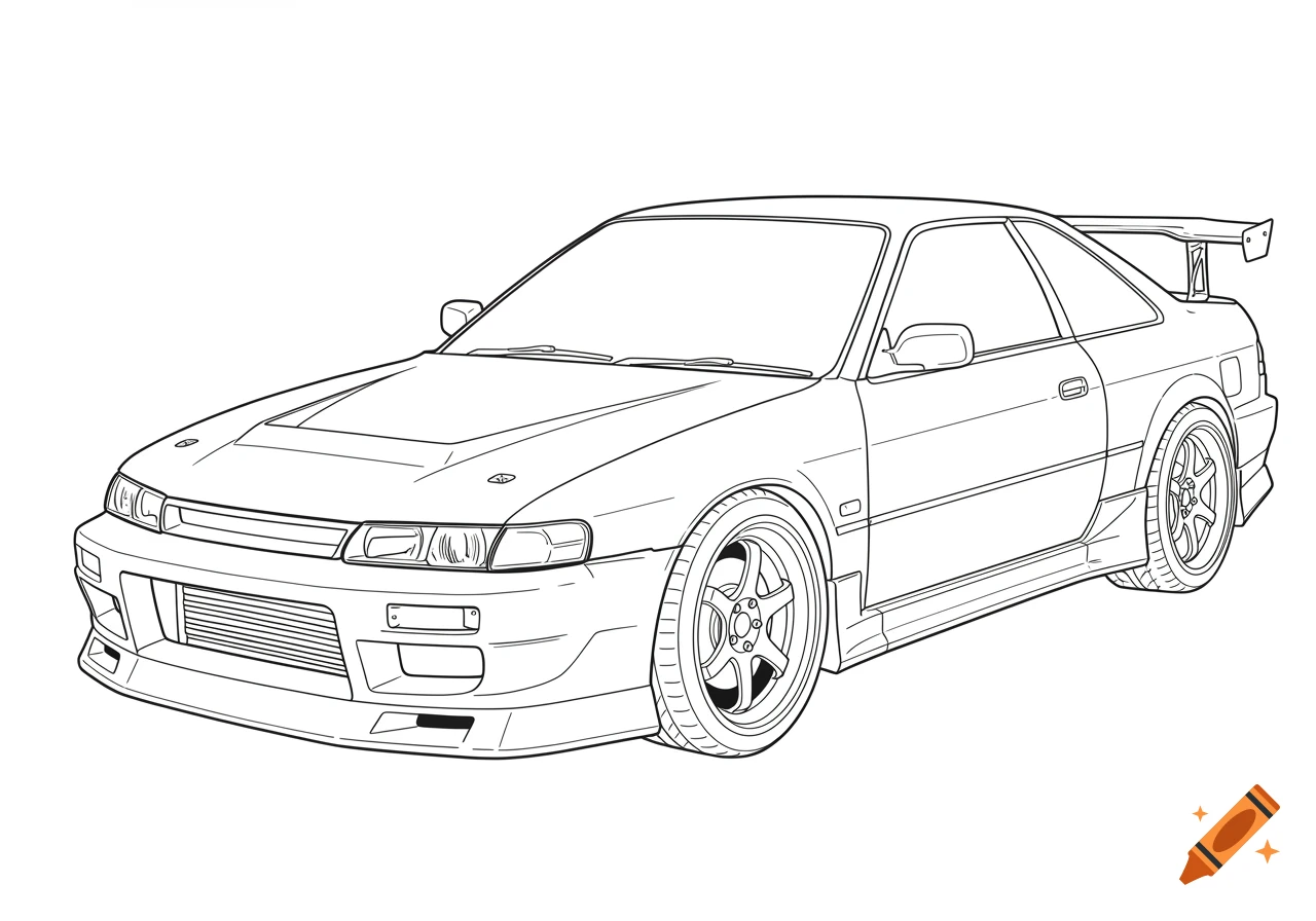 Black and white line art drawing of a JDM car on Craiyon