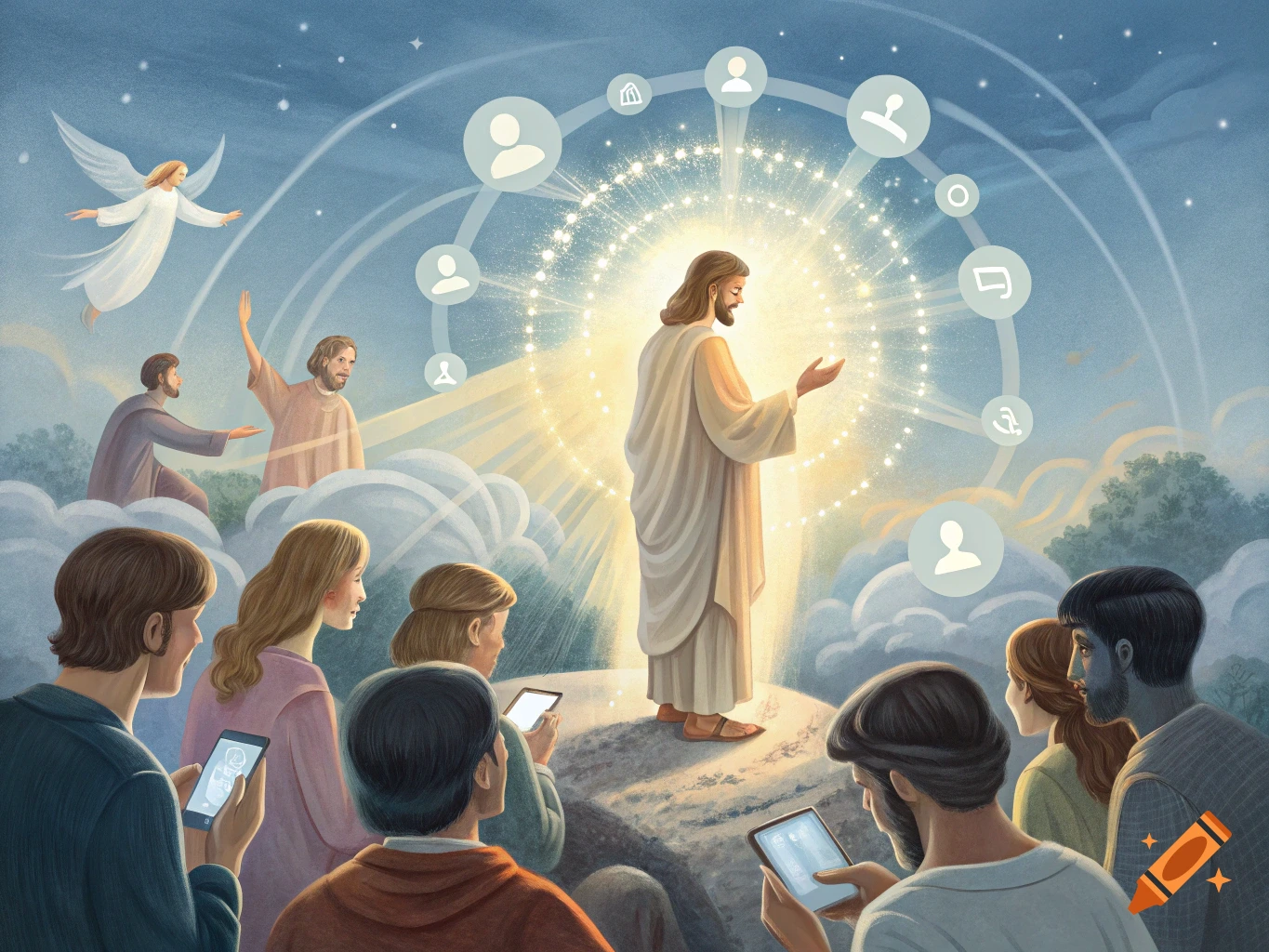 Jesus stands illuminated by light surrounded by social media icons ...