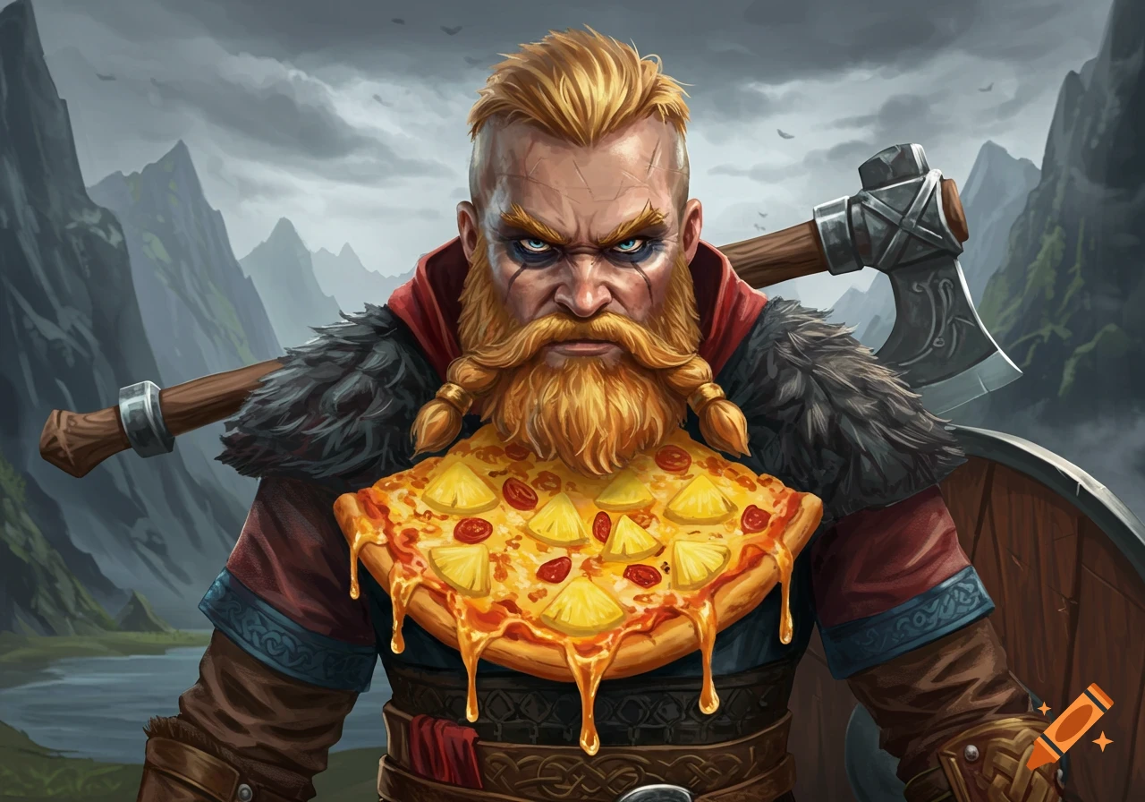 Illustrative fantasy portrait of a fierce Viking with a pineapple pizza ...