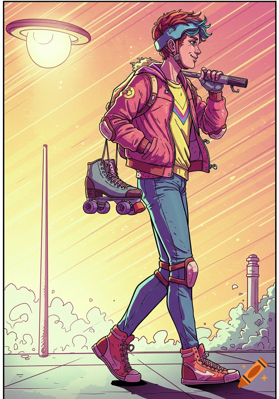 Comic book character walks with roller skates on their shoulder on a ...