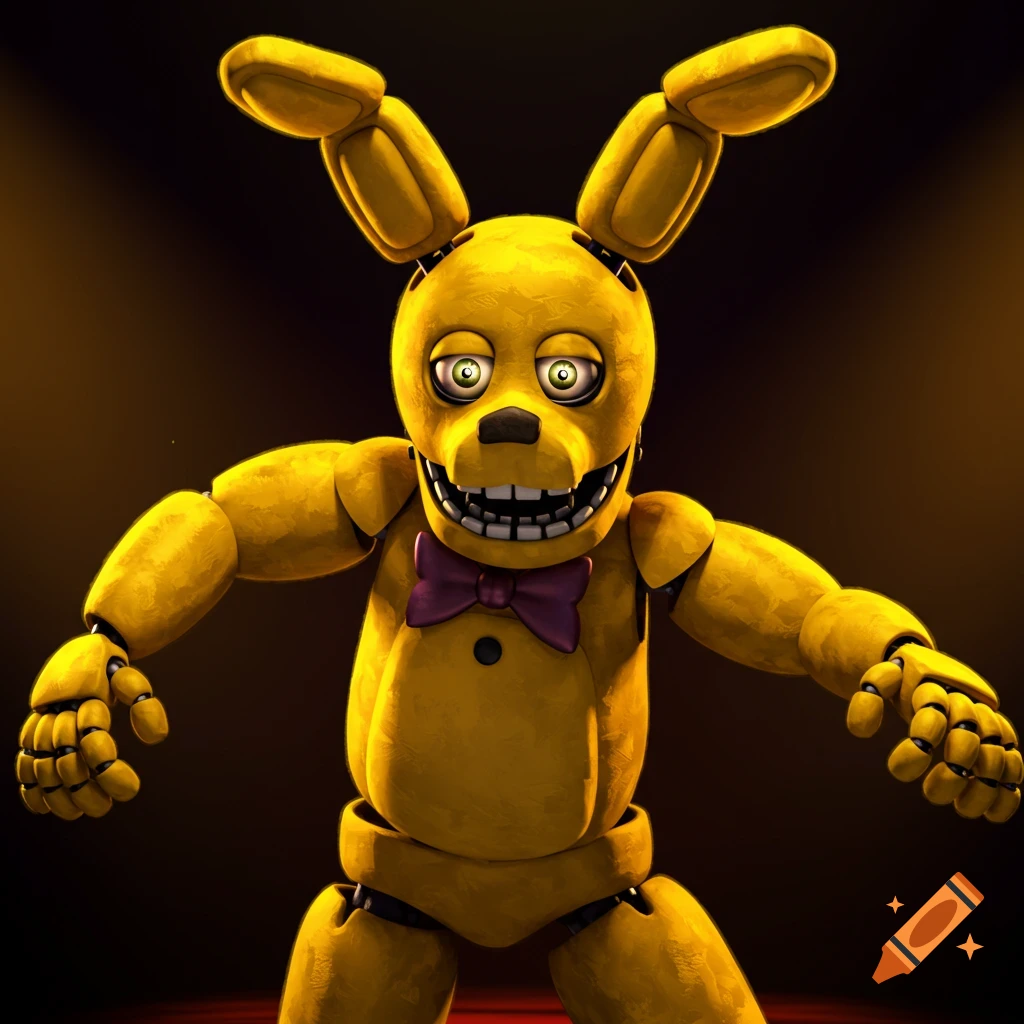 A yellow animatronic rabbit with a wide grin and purple bow tie stands ...