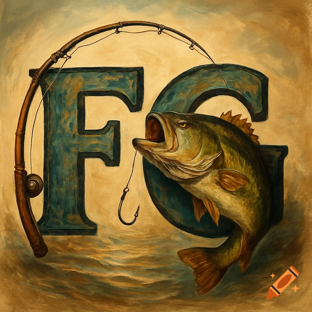 Stylized painting of a large fish biting a hook between the letters F ...
