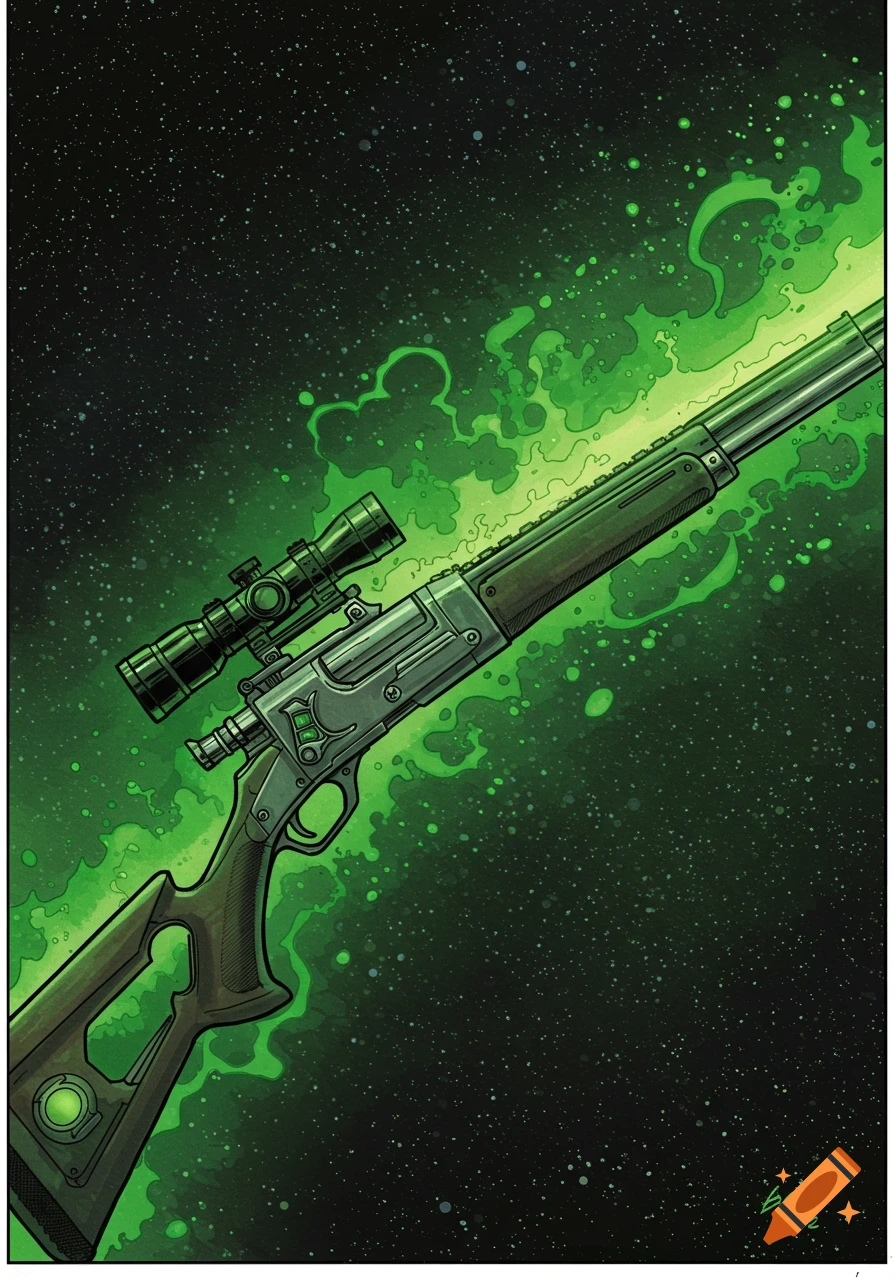 A comic-style illustration of a rifle with a scope against a dark, star ...