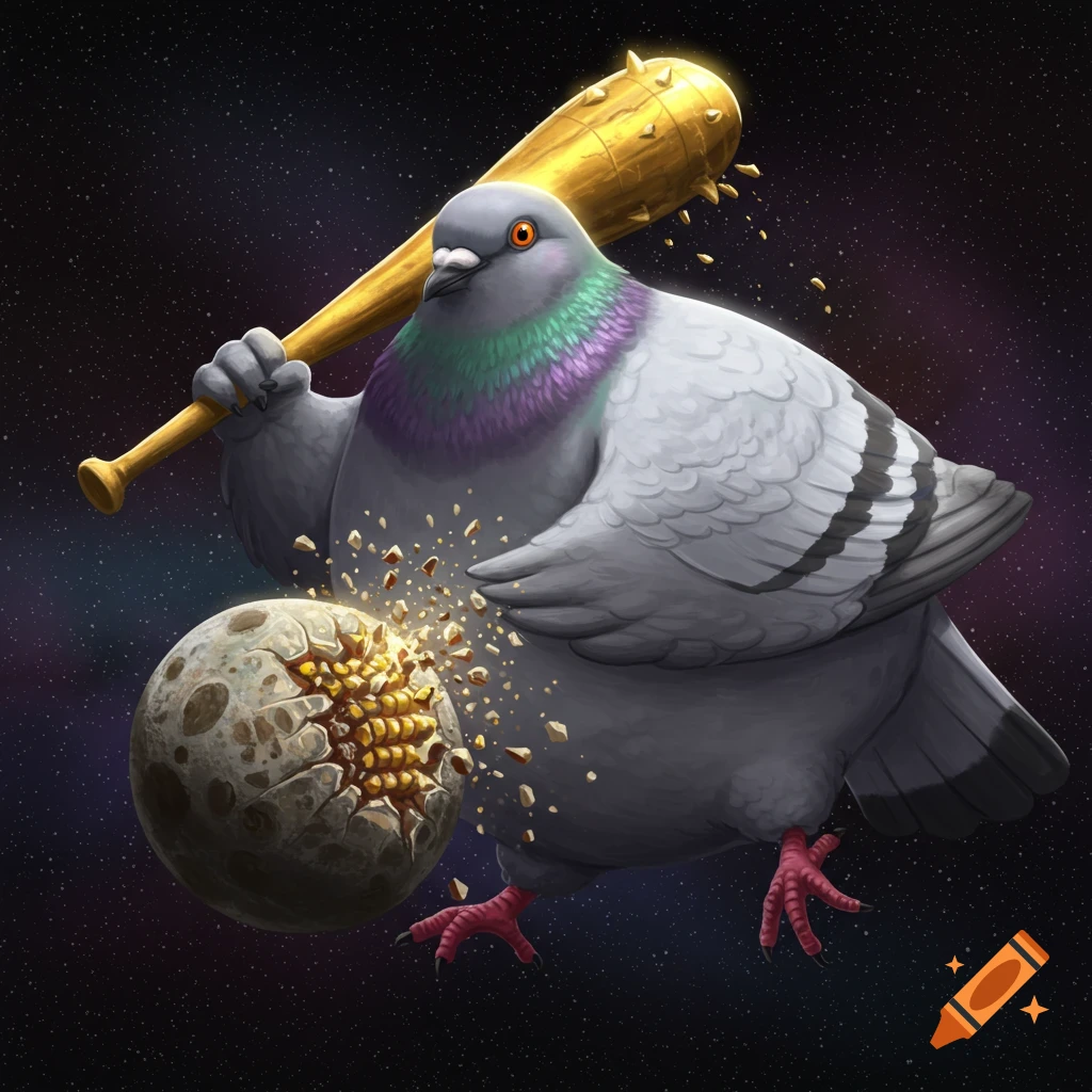 Giant cartoon pigeon hitting a planet with a golden bat in space. on ...