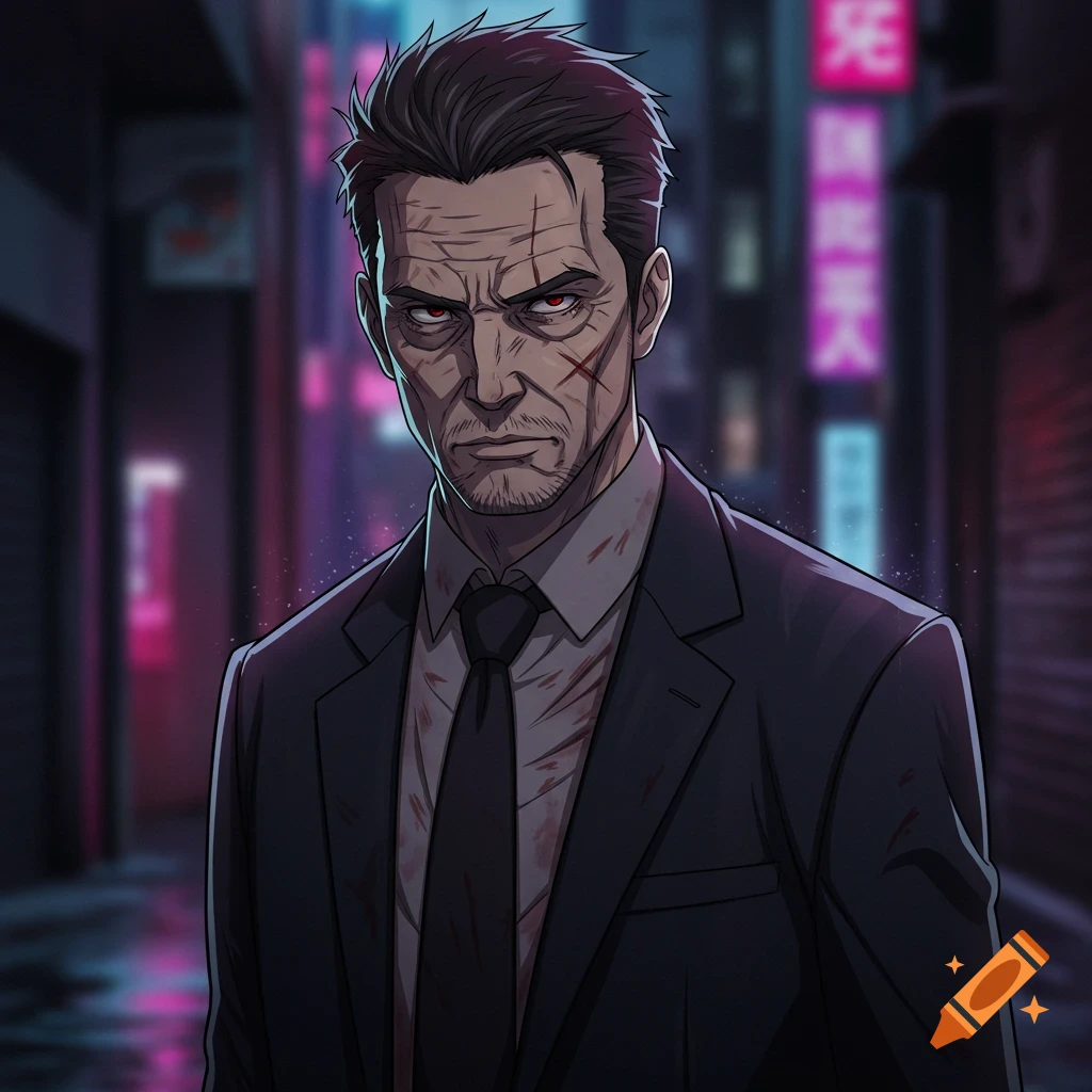 Anime style portrait of a serious man in a suit with scars and red eyes ...