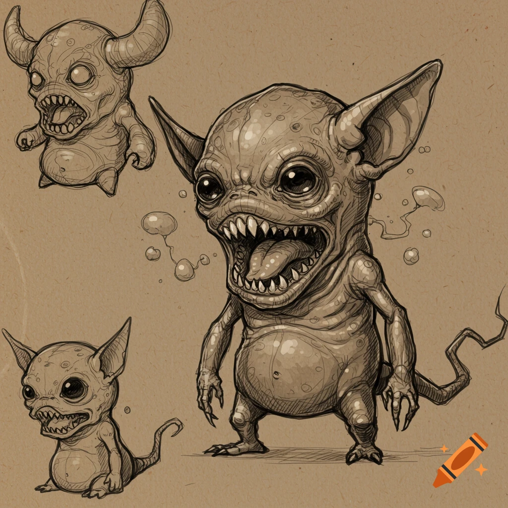 Sketch of three grotesque cartoon creatures on brown paper. on Craiyon