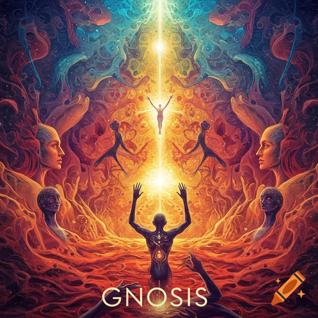 Vibrant abstract surreal art depicting spiritual ascension with figures reaching towards a light ...