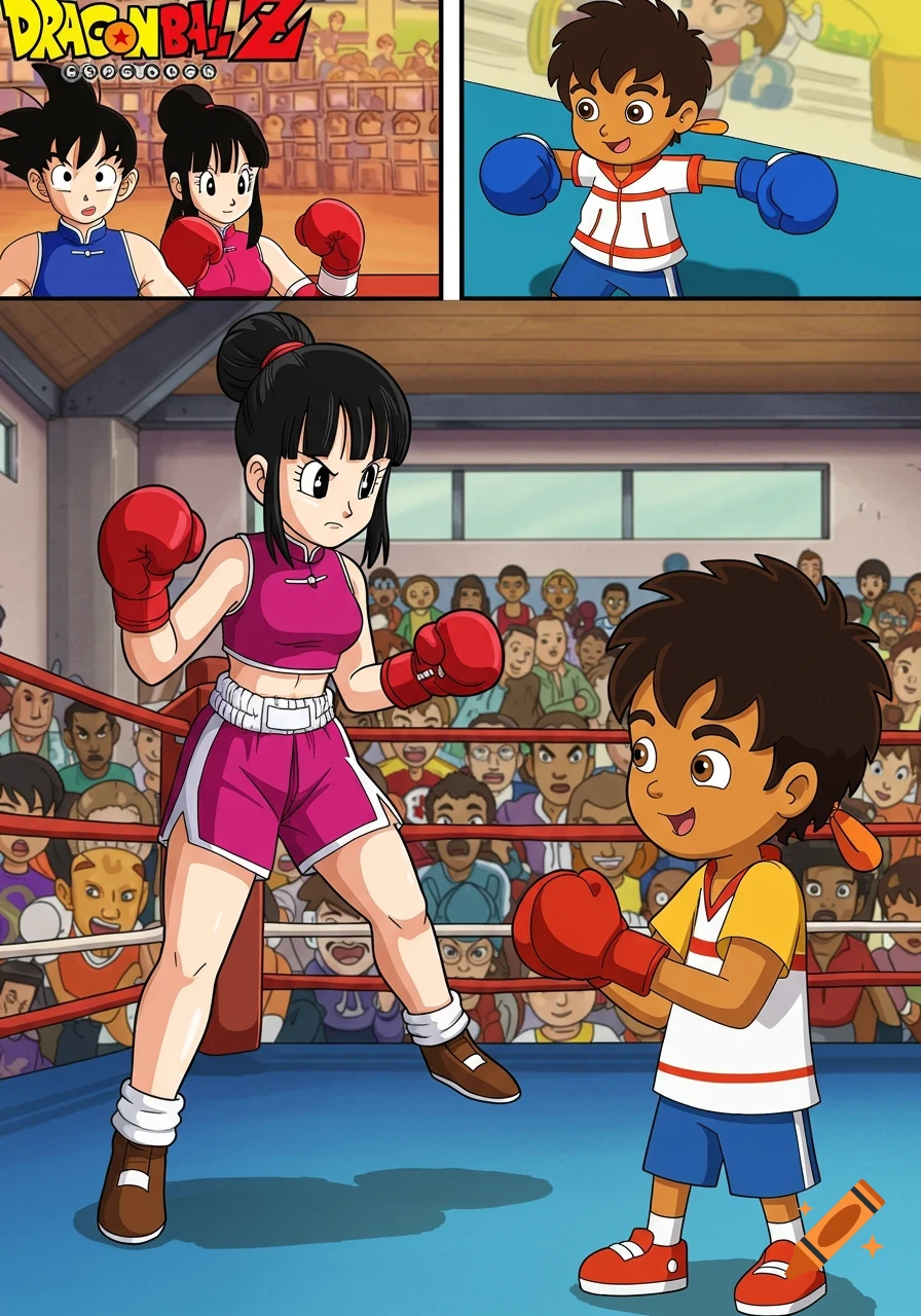 Anime comic panels show Chi Chi and Diego Marquez boxing in a ring ...