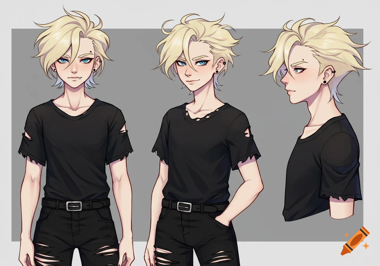 Anime character reference sheet with front, 3/4, and profile views of a ...