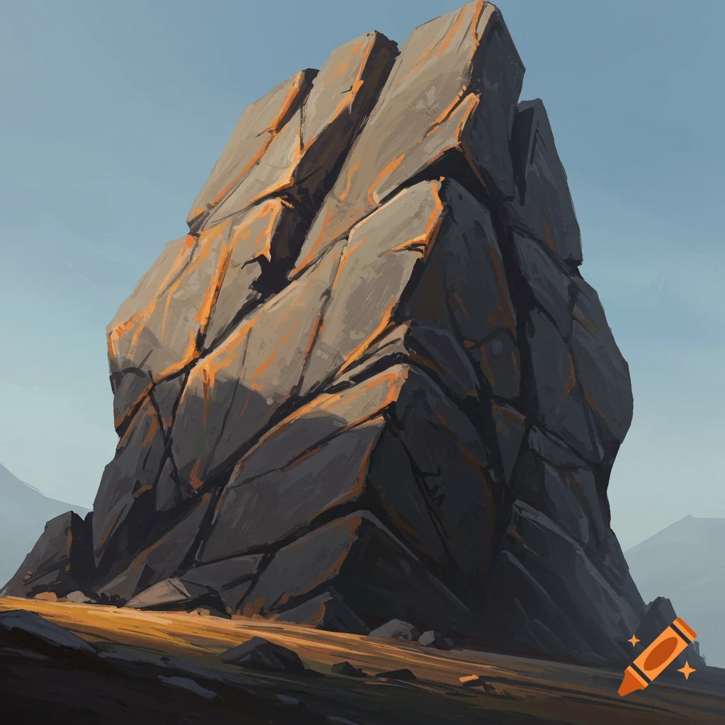 A large, angular rock formation in a landscape, painted digitally. on ...