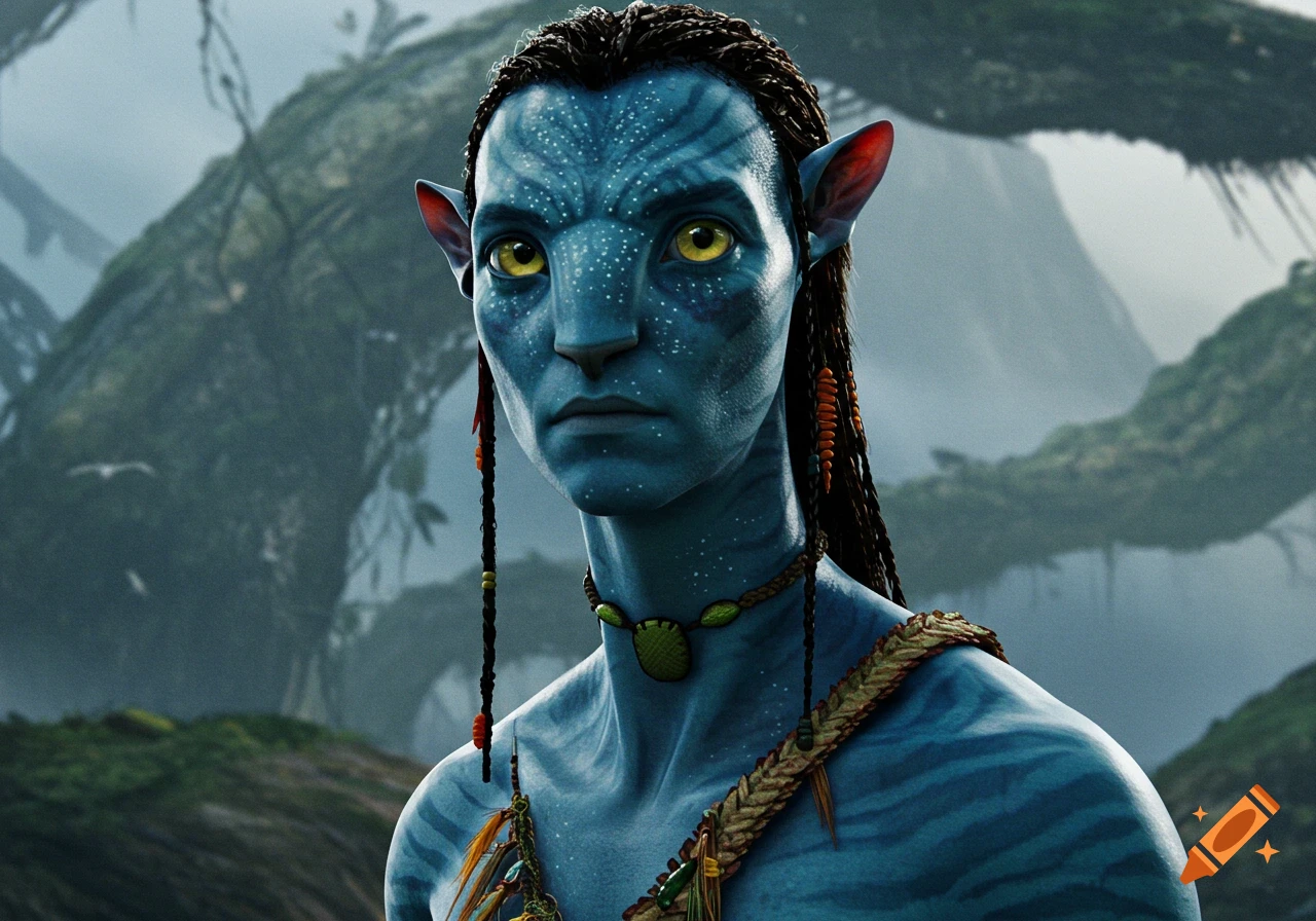 Close-up portrait of a blue-skinned Na'vi character from Avatar in a ...