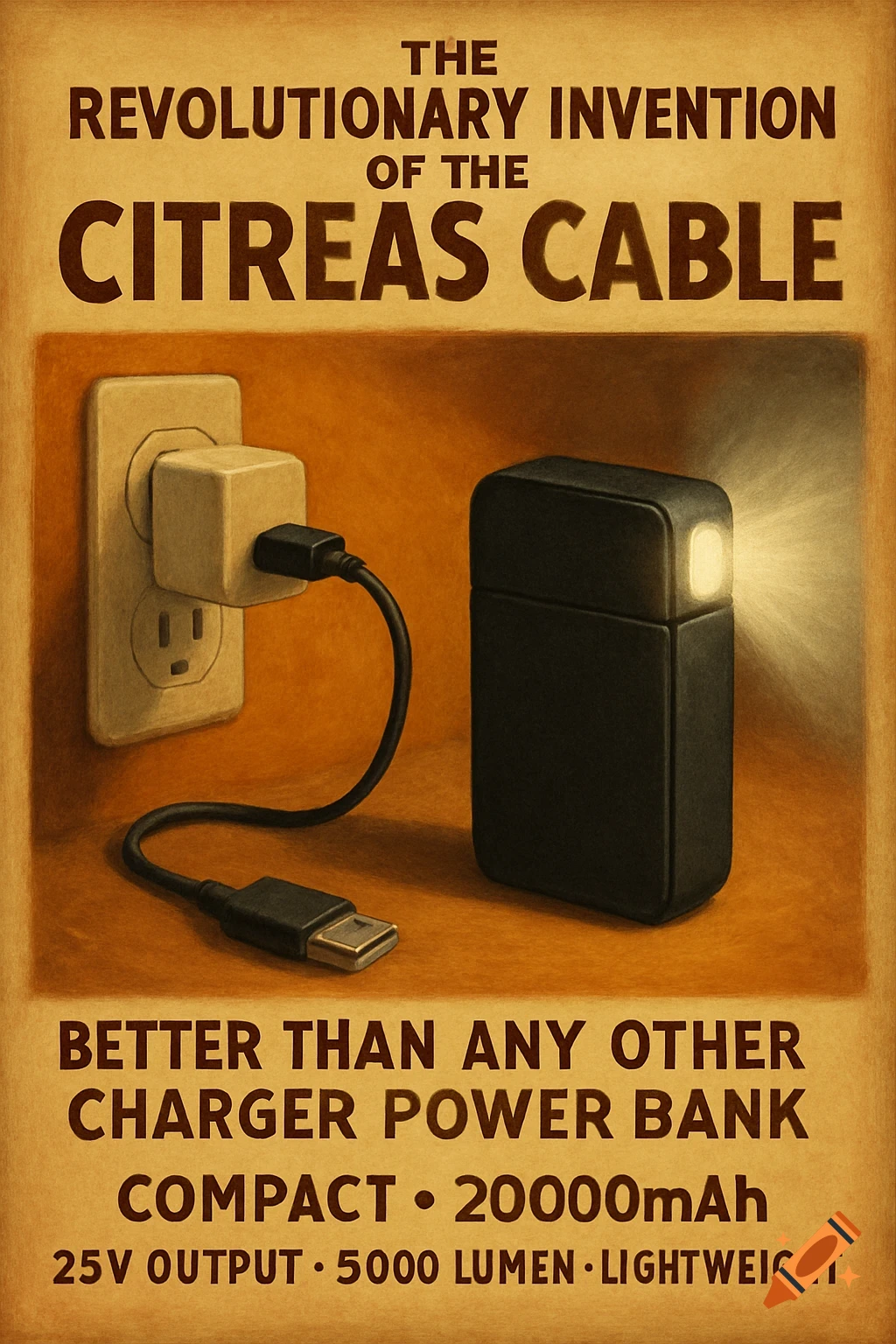 Vintage style poster advertising a Citreas Cable power bank with a plug ...