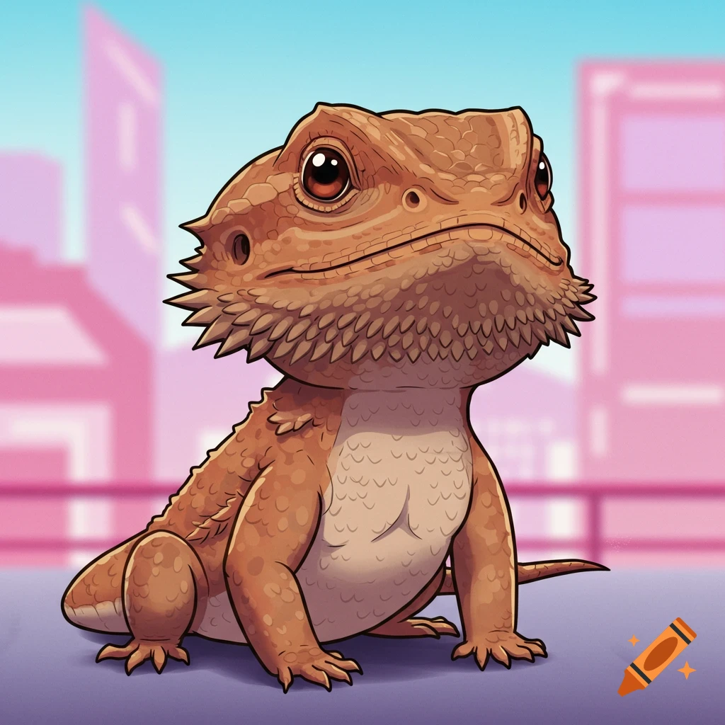 A cute cartoon bearded dragon in modern anime style, sitting in front ...