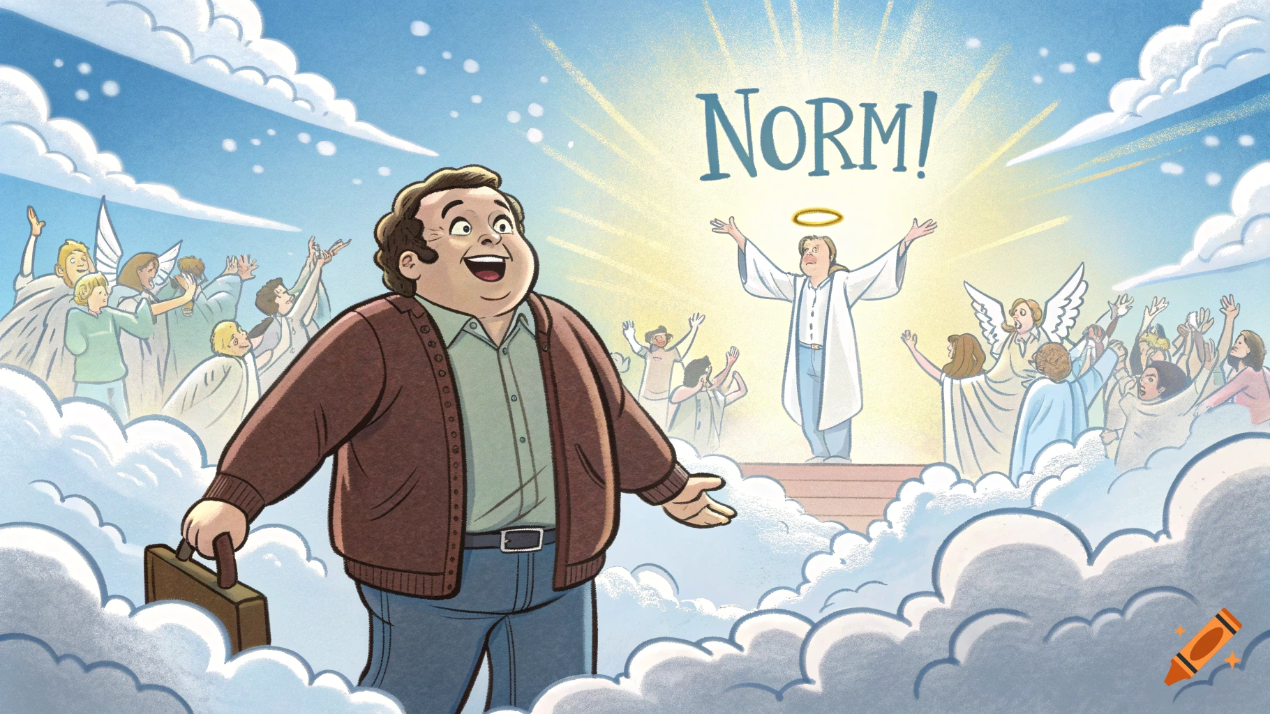 Cartoon illustration of a man arriving in heaven greeted by angels ...
