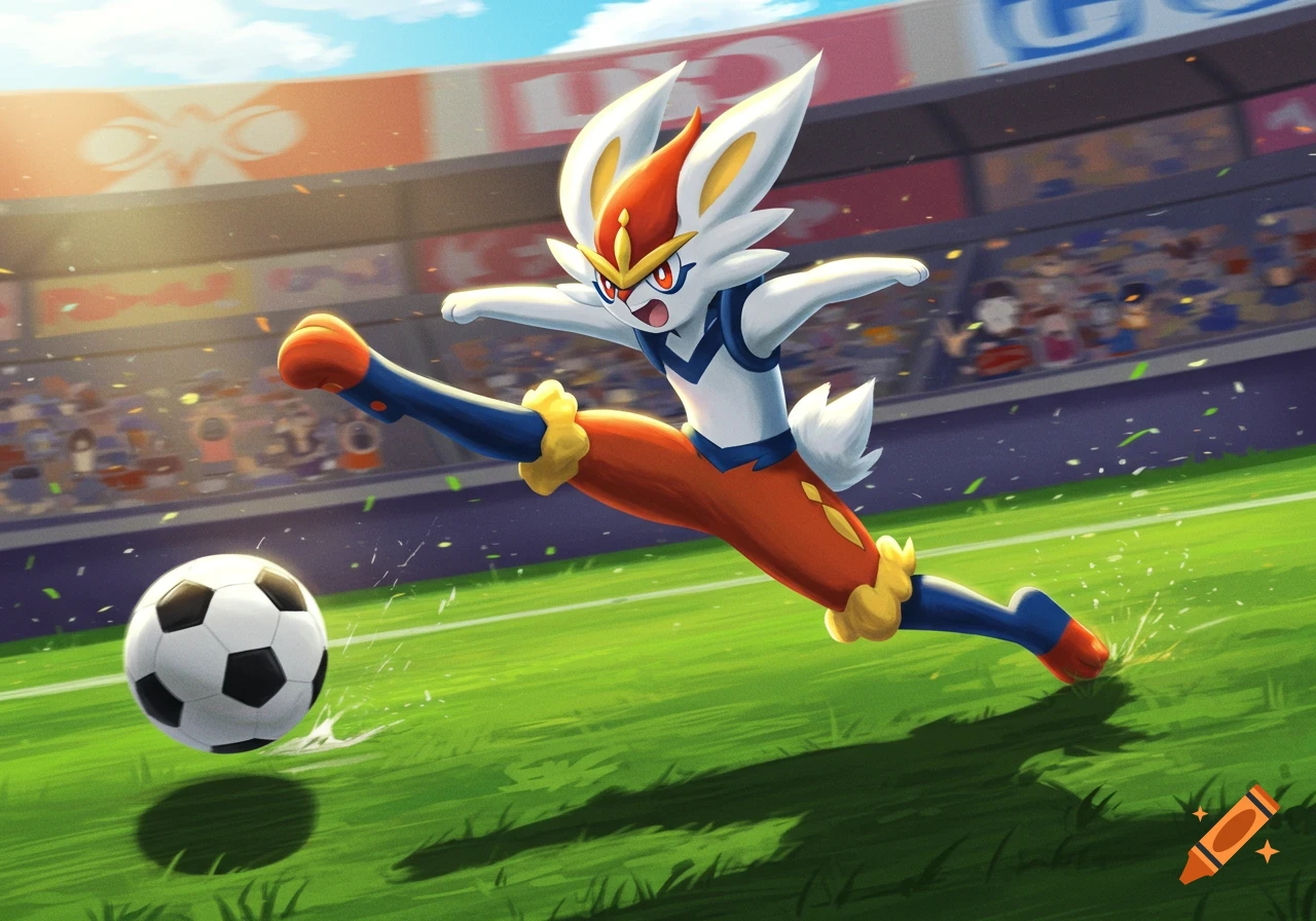 Cinderace, a rabbit-like Pokemon, kicks a soccer ball in a stadium. on ...