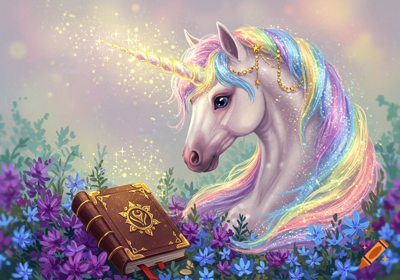 A sparkly unicorn with a rainbow mane looks at a magical book among flowers. on Craiyon