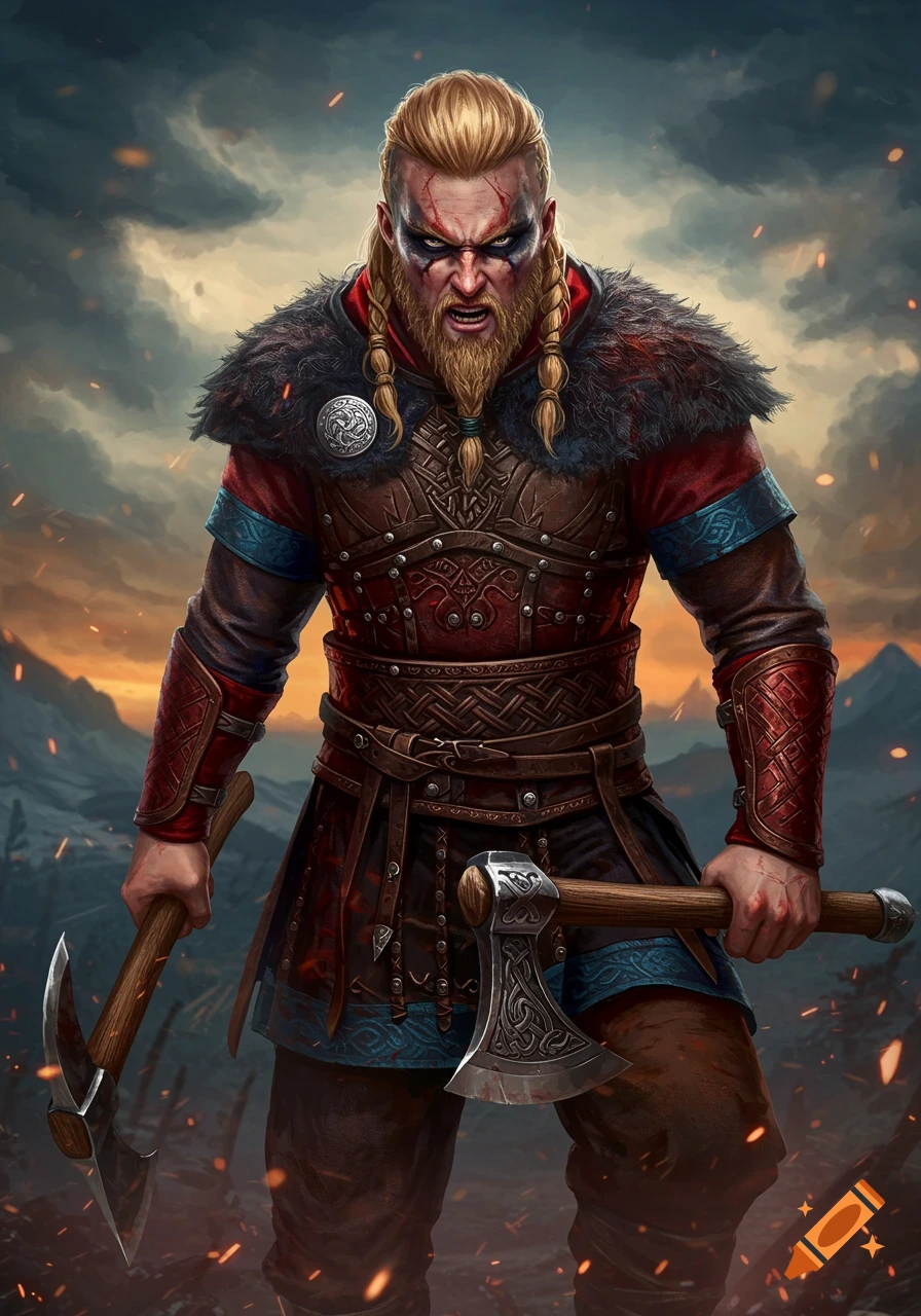 Young Viking warrior with beard and braids, holding two axes, against a ...