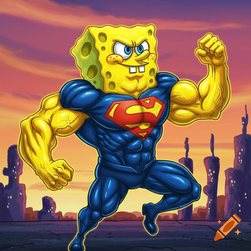 Spongebob Squarepants dressed as Superman, flexing his muscles. on Craiyon