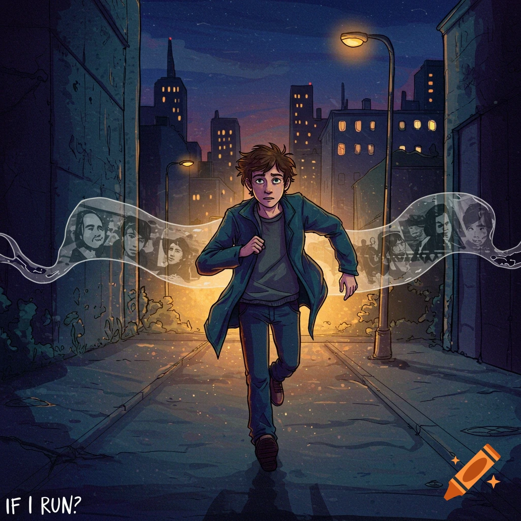 An illustration of a young person running down a city street at night ...