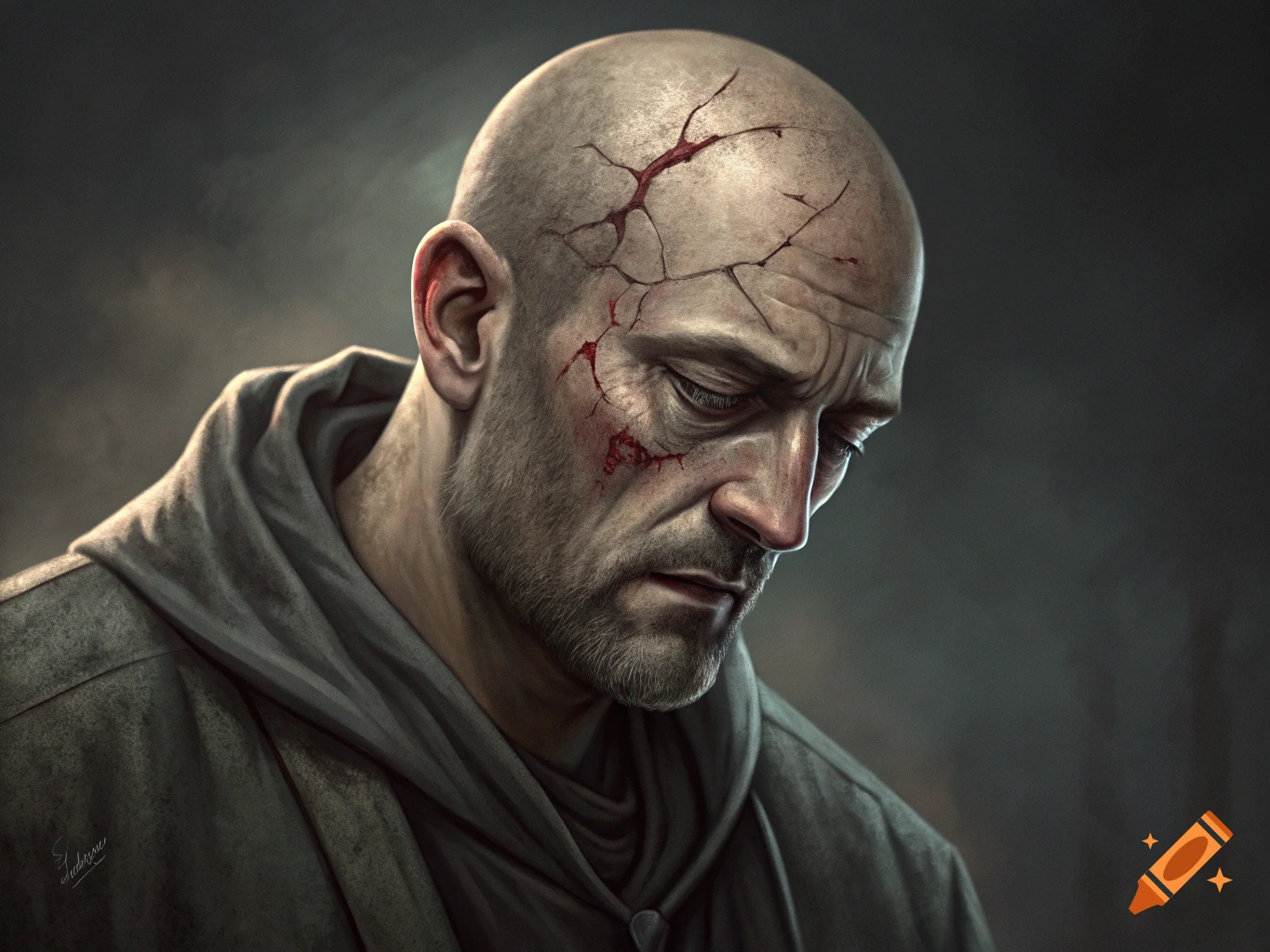 Dramatic portrait of a bald man with fractured cracks and blood on his ...