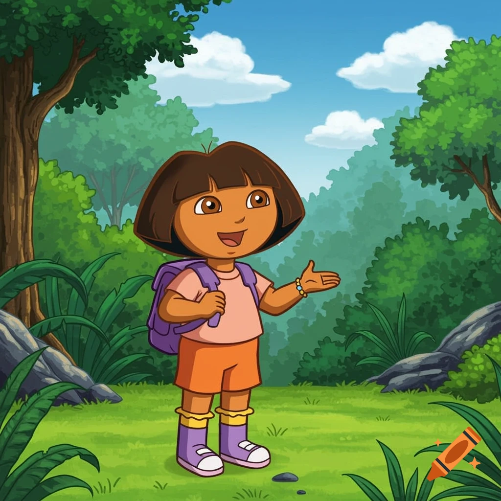 Cartoon illustration of Dora the Explorer with a backpack standing in a ...