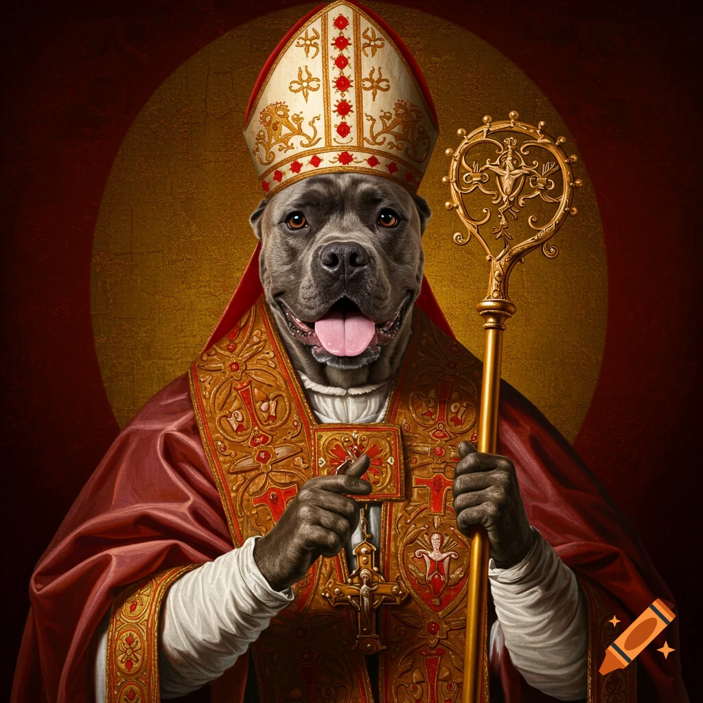 A portrait of a dog dressed in ornate papal robes and mitre, holding a ...