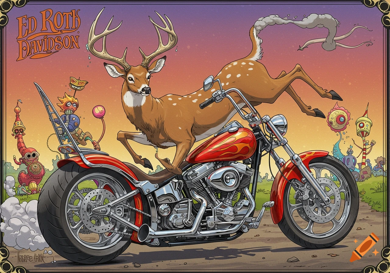 Illustration of a deer riding a red motorcycle in the style of Ed Roth ...