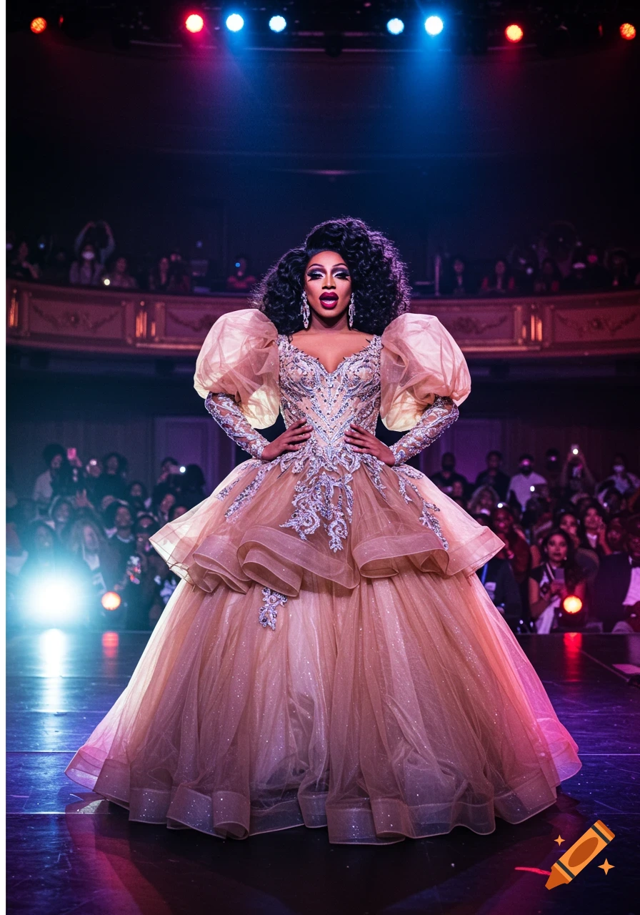 A drag queen in a sparkly gown poses on stage under blue and red lights ...
