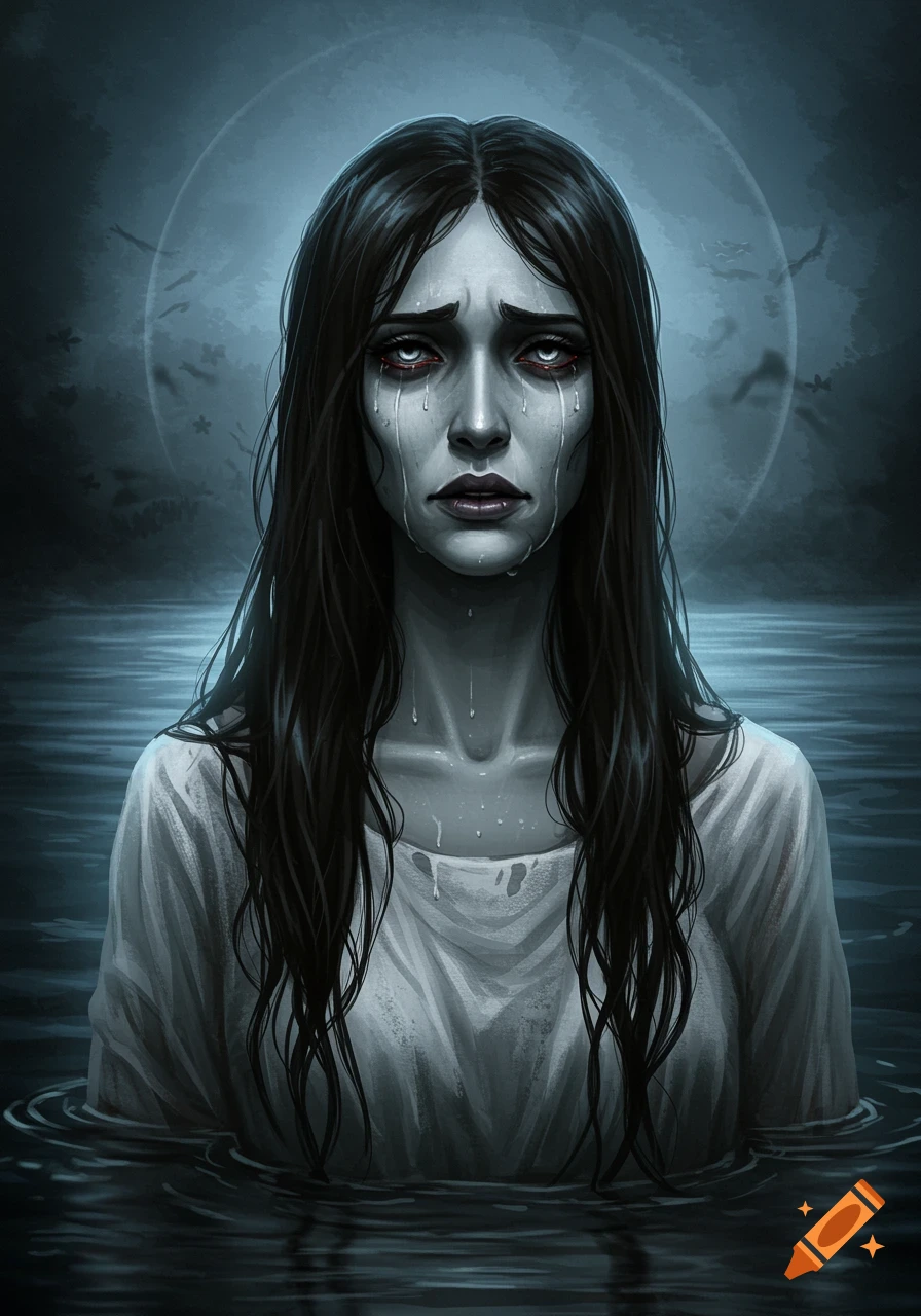 Portrait of a crying woman in water with dark hair, stylized ...