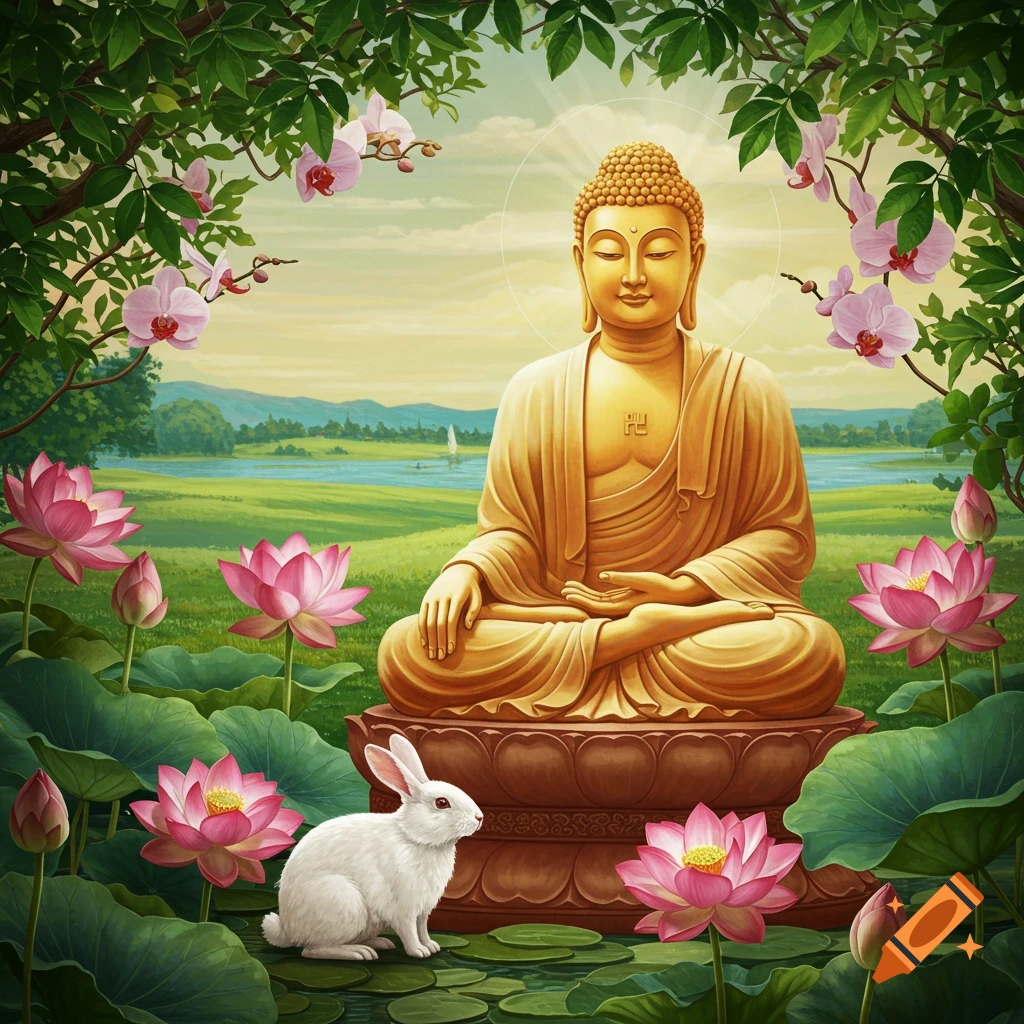 Golden Buddha statue meditating among pink lotus flowers and a white ...
