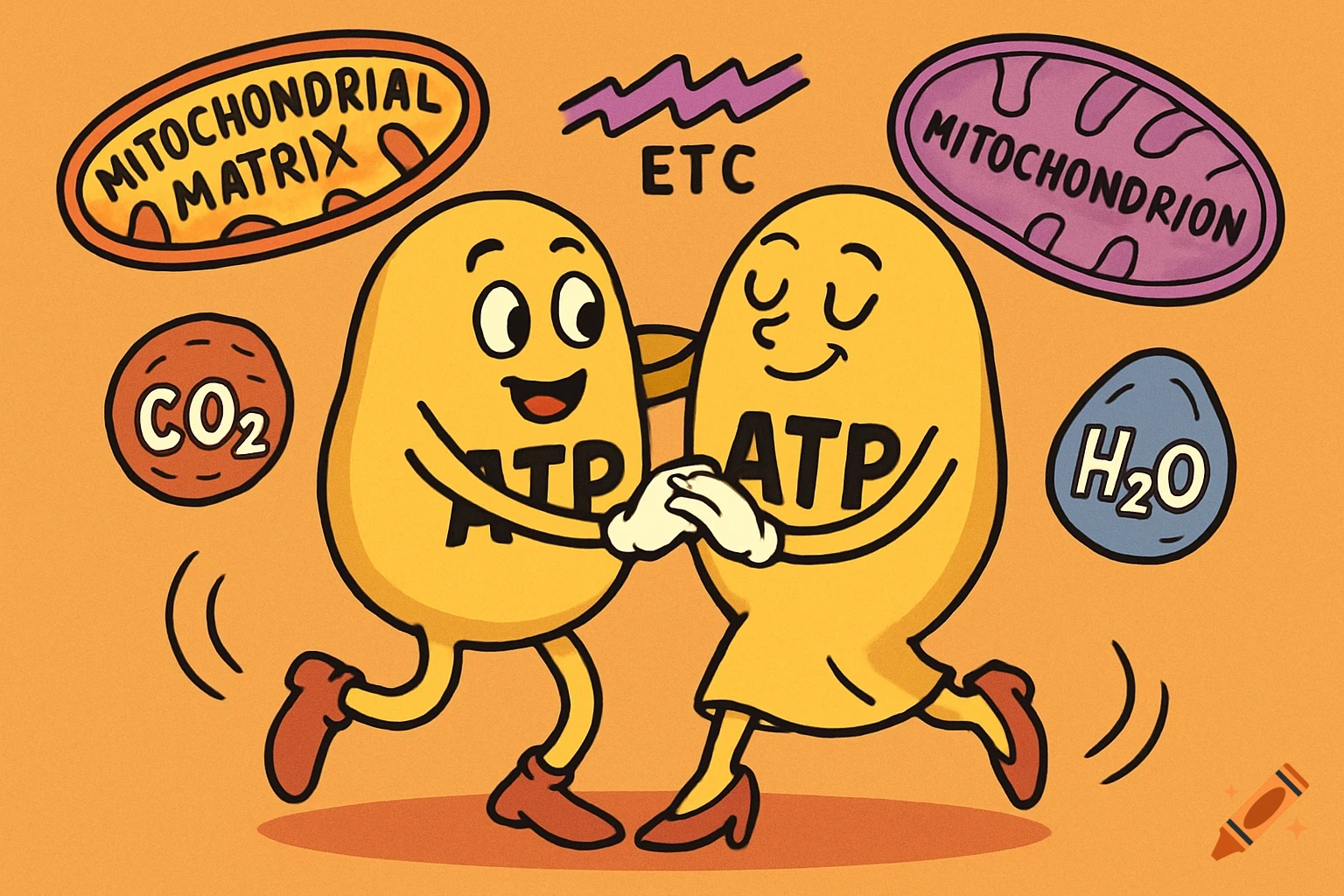 Cartoon ATP molecules dancing with labeled science components like CO2 ...