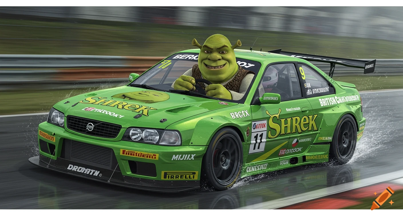 Shrek drives a green race car with sponsor logos around a wet racetrack ...