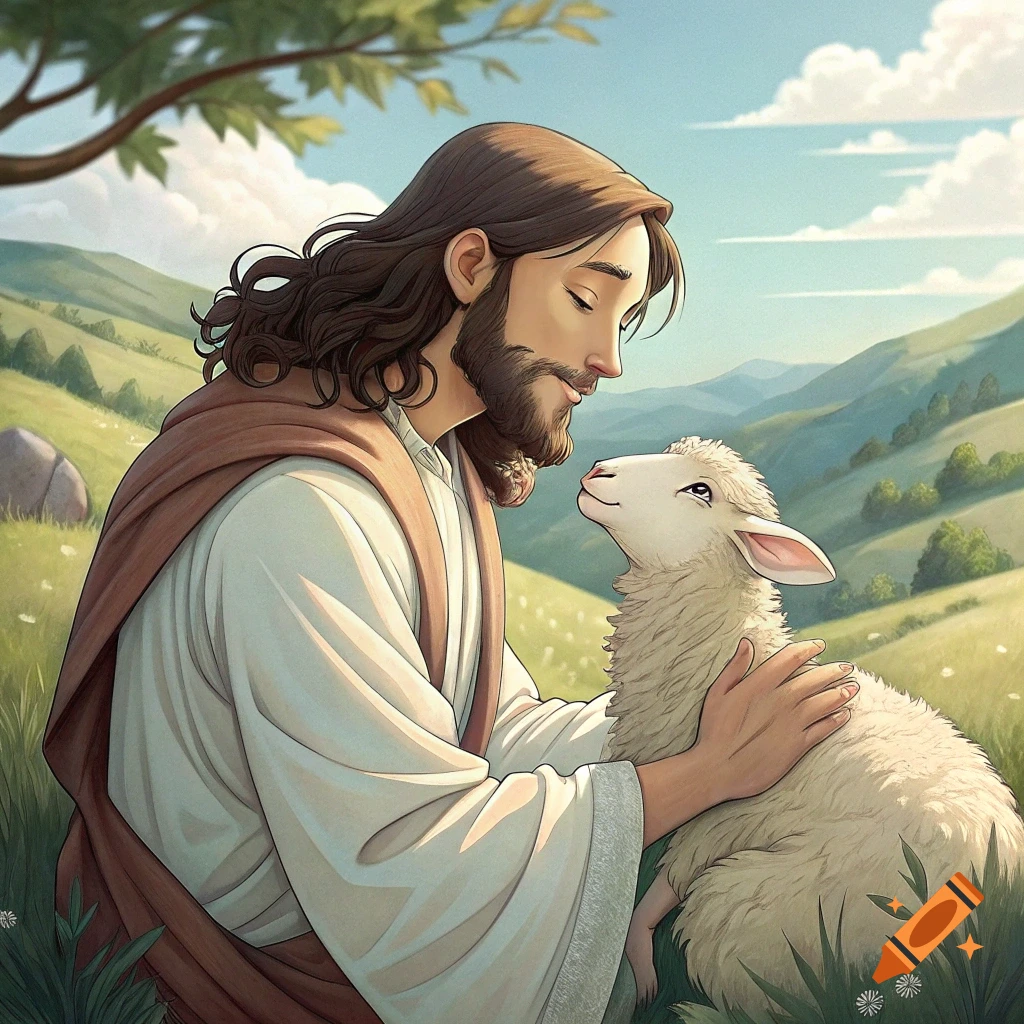 Jesus kneels with a lamb in a sunny, rolling green field, in a Studio ...
