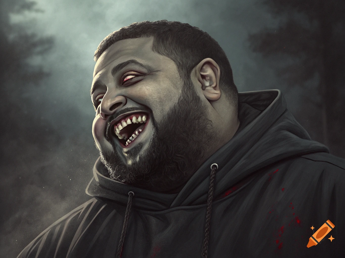 Horror portrait of a man with sharp teeth, red eyes, and stretched ...