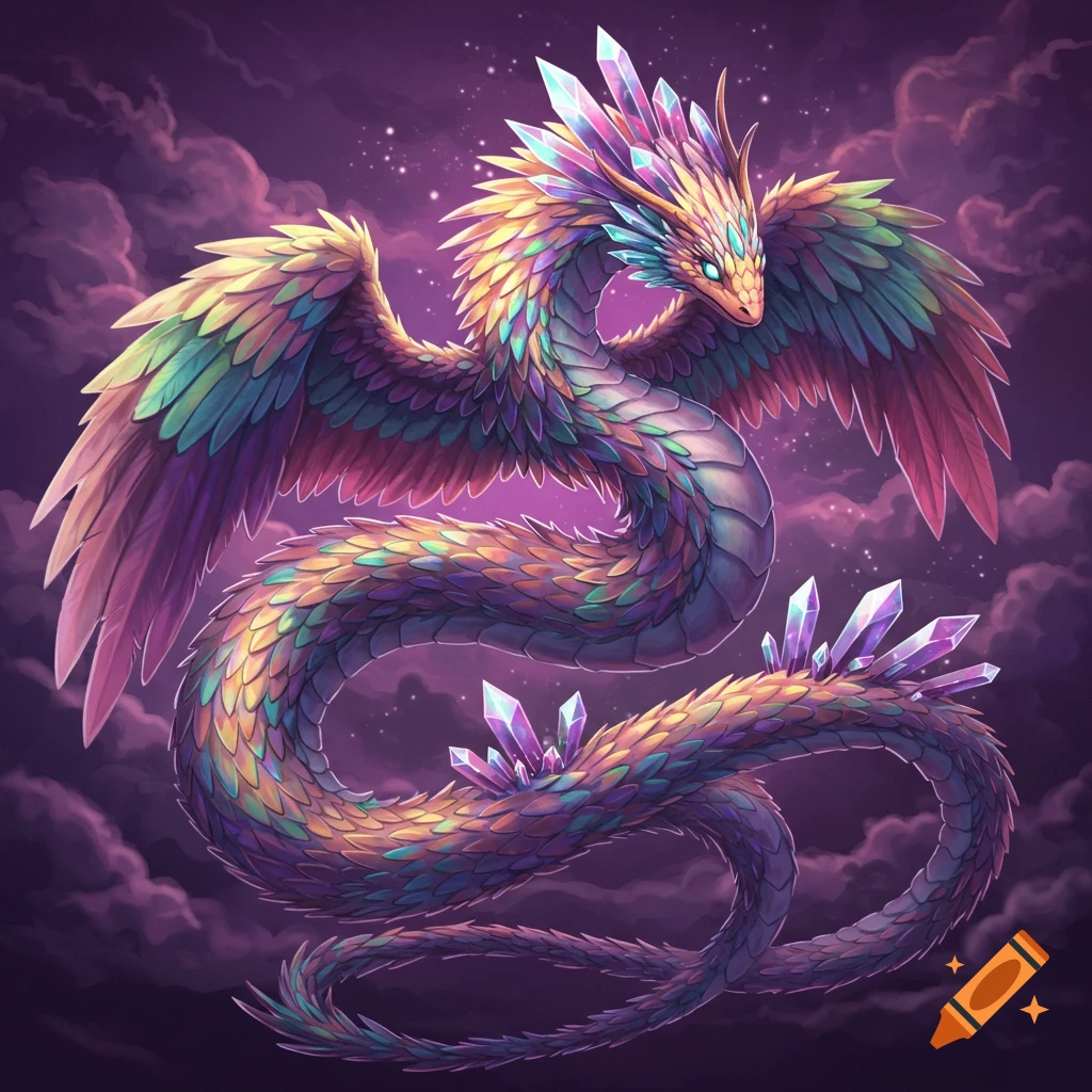 A colorful feathered and crystal serpent or dragon creature flying against a purple sky with ...