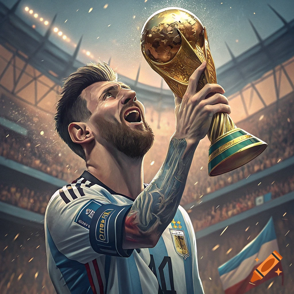 Lionel Messi celebrates lifting the World Cup trophy in a stadium. on ...