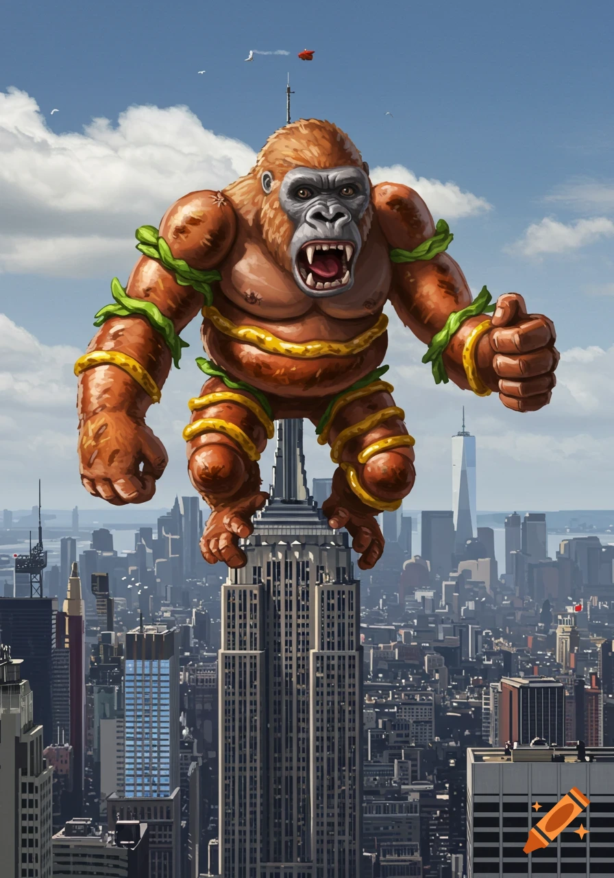 Giant ape monster on top of Empire State Building overlooking city ...