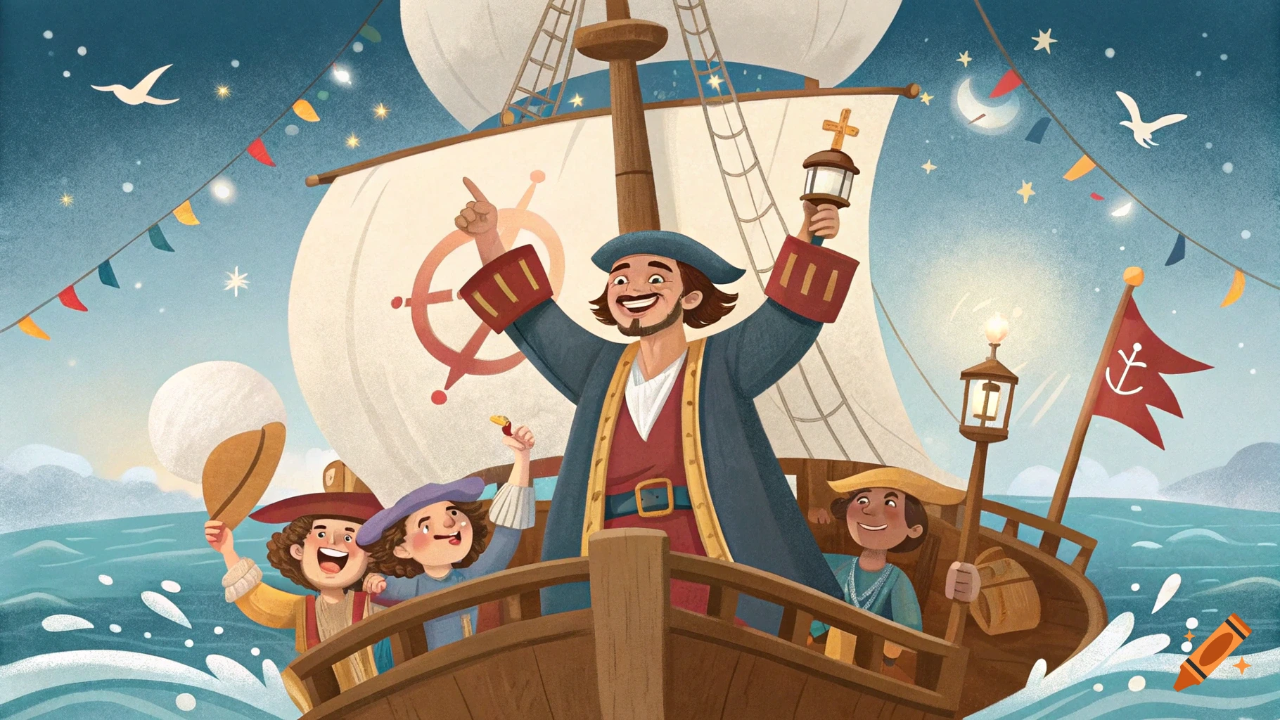 Cartoon illustration of Christopher Columbus and crew celebrating on a ...