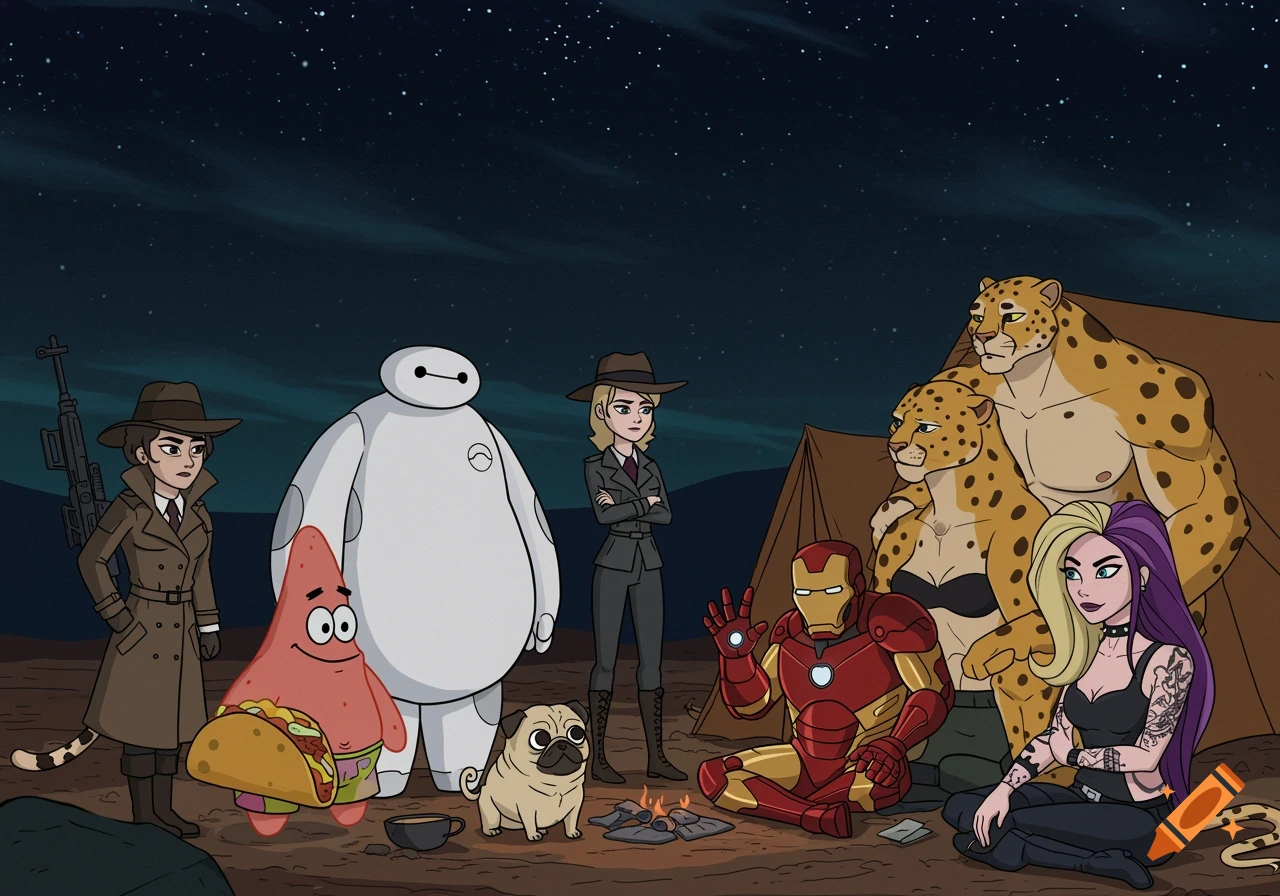 Cartoon of diverse characters including Iron Man, Baymax, Patrick, a pug, humans, and cheetahs ...