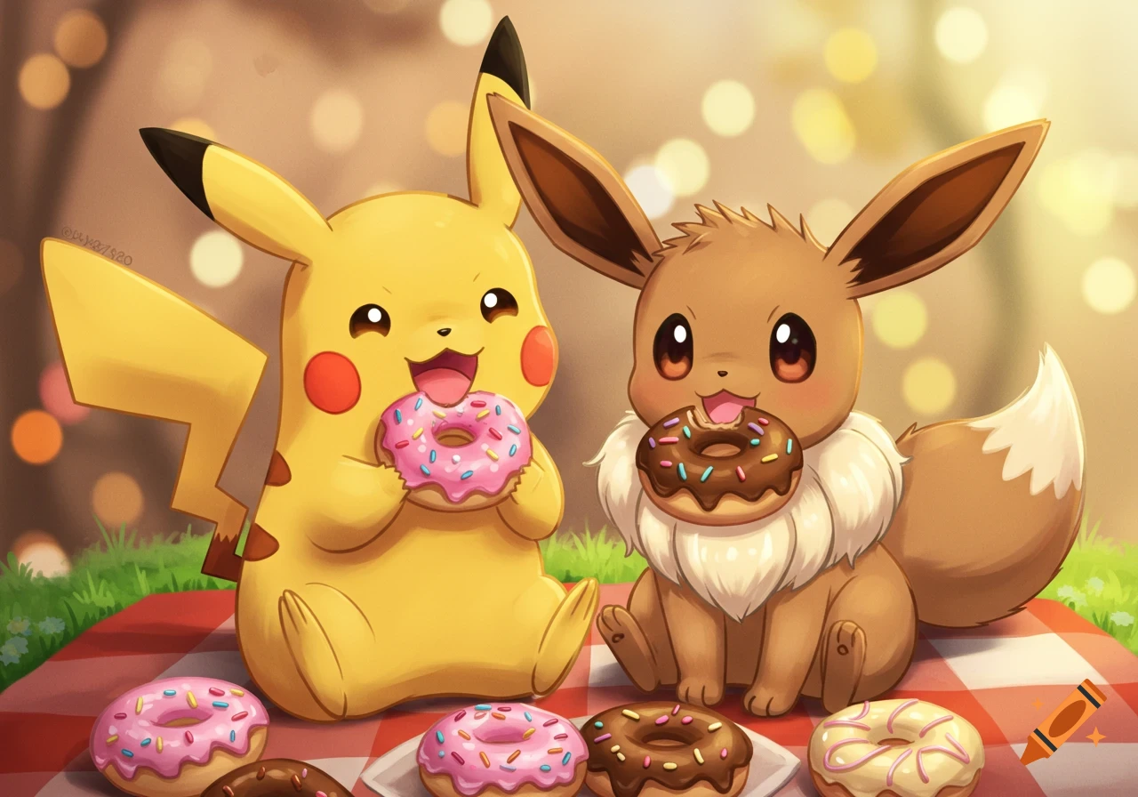 Pikachu and Eevee eating donuts at a picnic in an anime style. on Craiyon